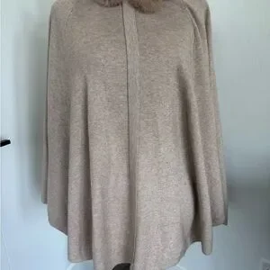 Renuar | Sweaters | Renuar Caramel Knit Poncho W Faux Fur Pom Collar ...